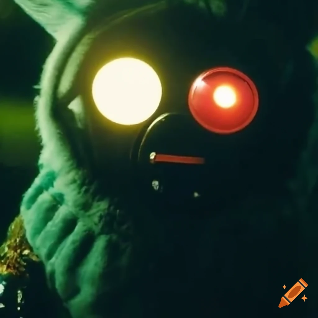 Photo realistic close-up of a giant furby creature in a foggy forest on ...