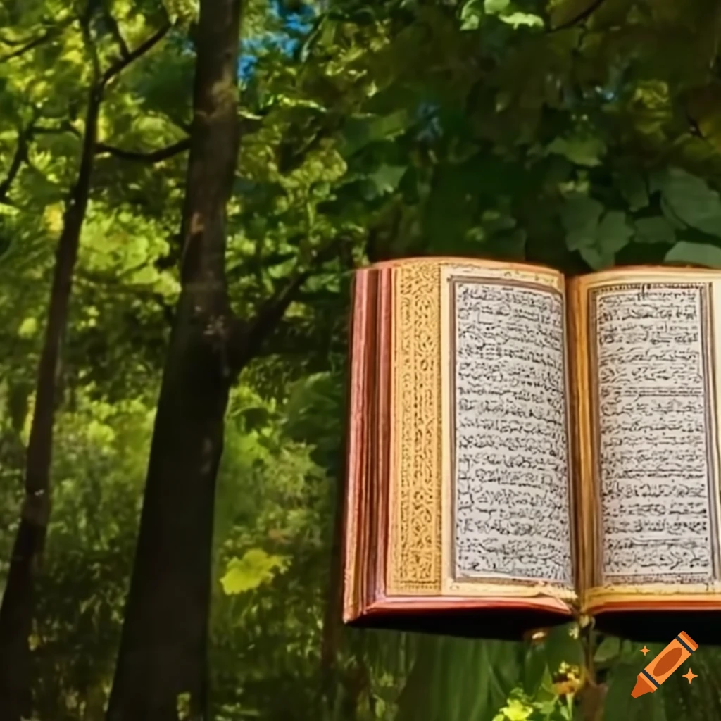 Quran among trees and flowers on Craiyon