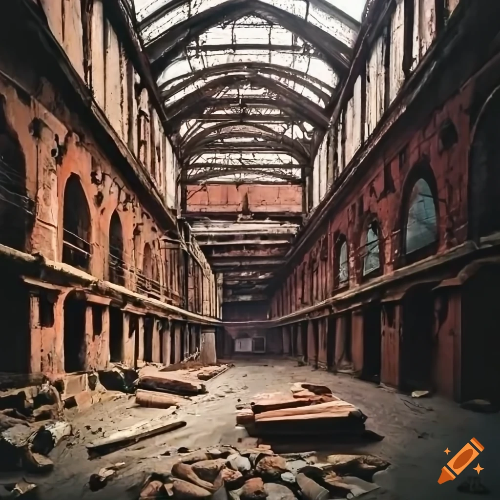 Photo inside an abandoned factory with stone and brick structures on ...