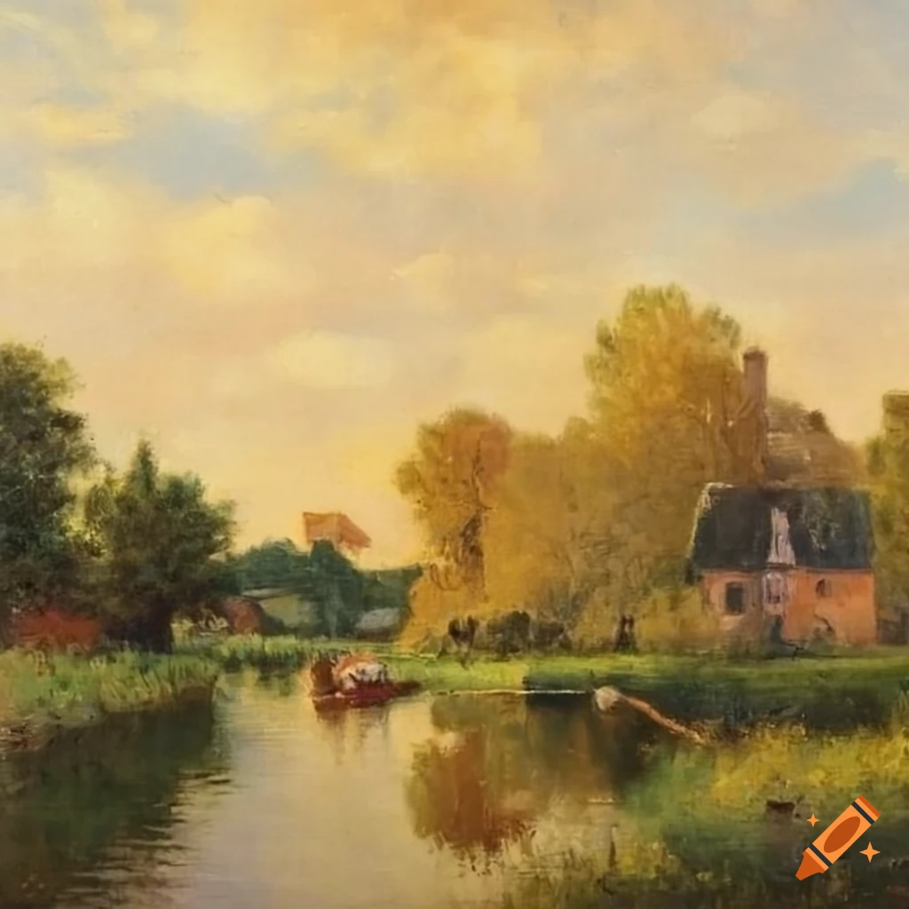 Vintage drawing of a peaceful countryside with a small bridge on Craiyon