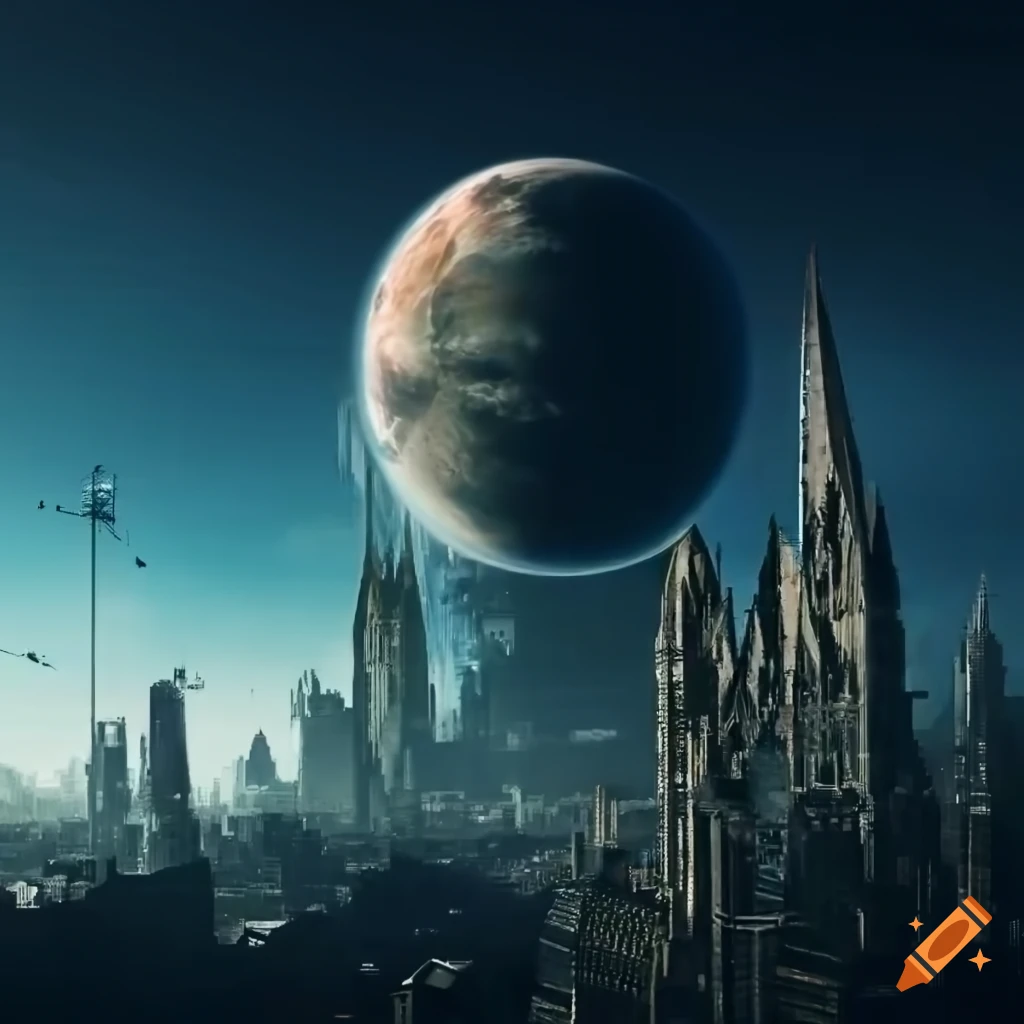 Floating gothic city in space with purple and white eldritch eyes on ...