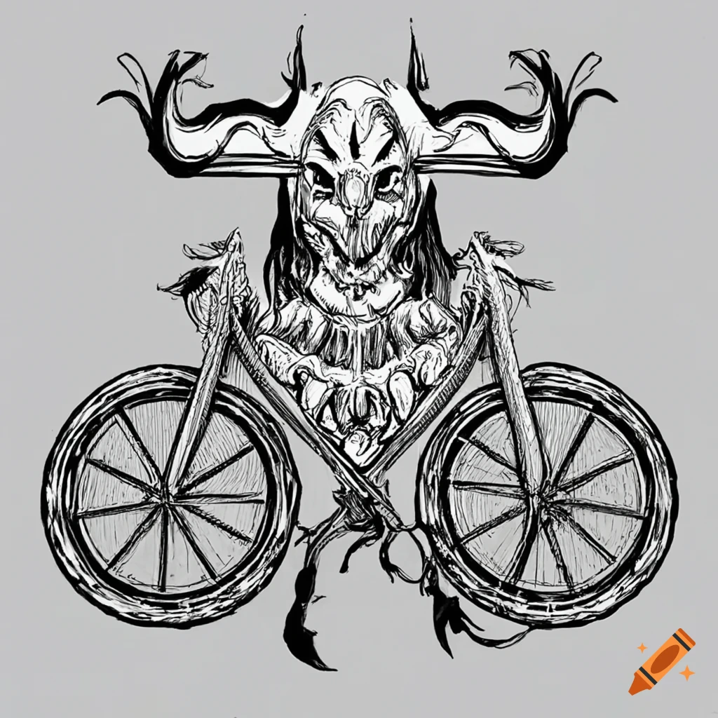 Black and white sketch of a satanic bicycle on Craiyon