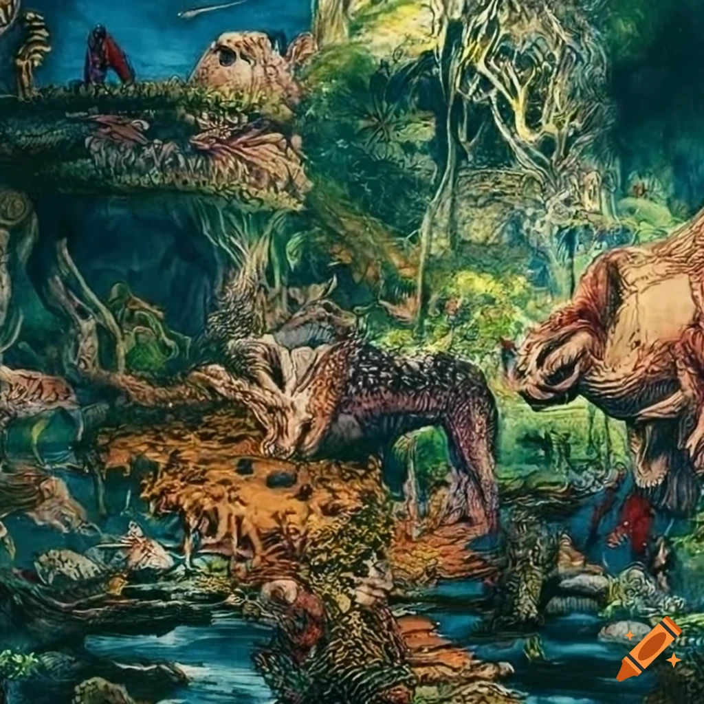 Jungle landscape with animal-human hybrids and fantasy creatures on Craiyon