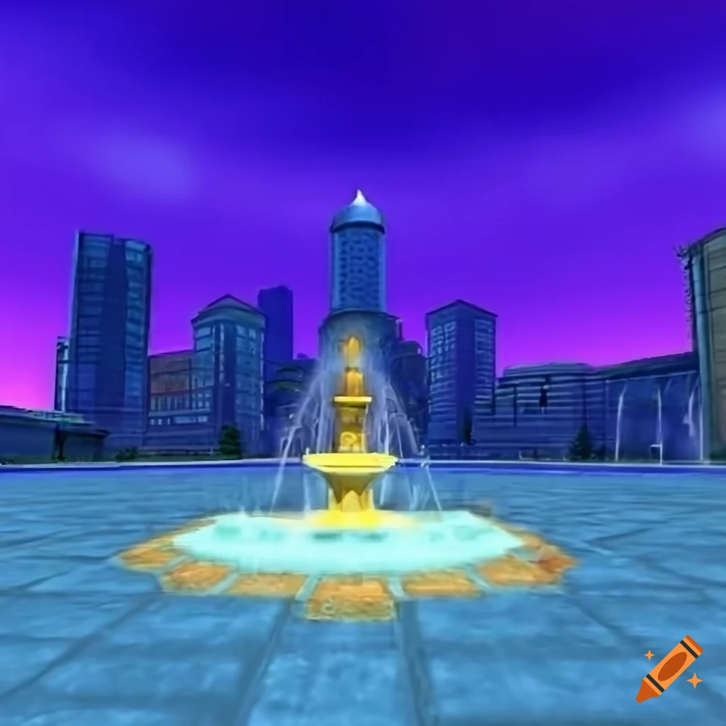 Nintendo 64 render of a vibrant city square with a fountain on Craiyon