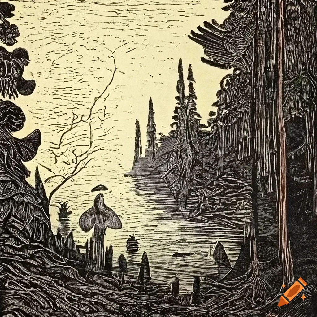 Woodcut print of jungle landscape with animal-human hybrids on Craiyon