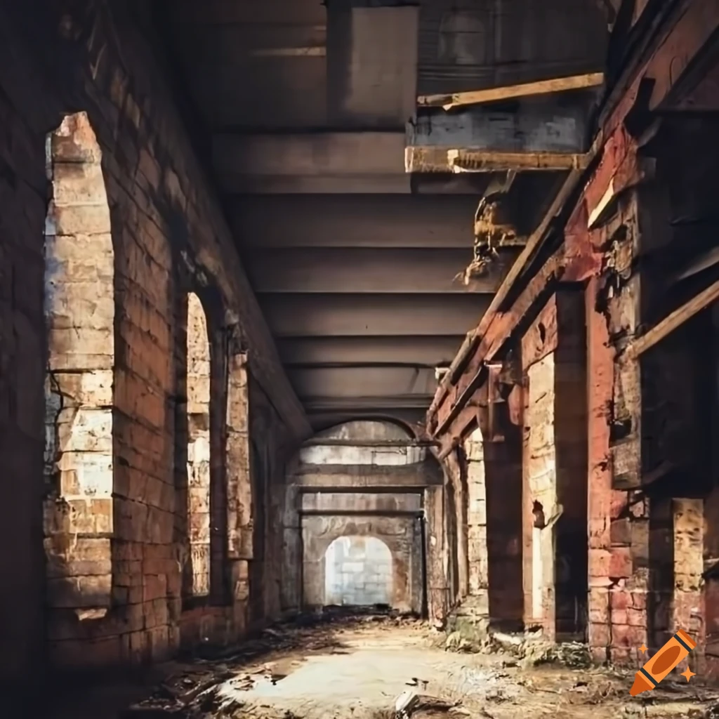 Photo inside an abandoned factory with stone and brick structures on ...
