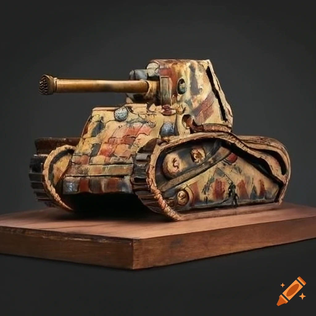 WWI tank with baroque decorations, made from wood and copper pipes on ...