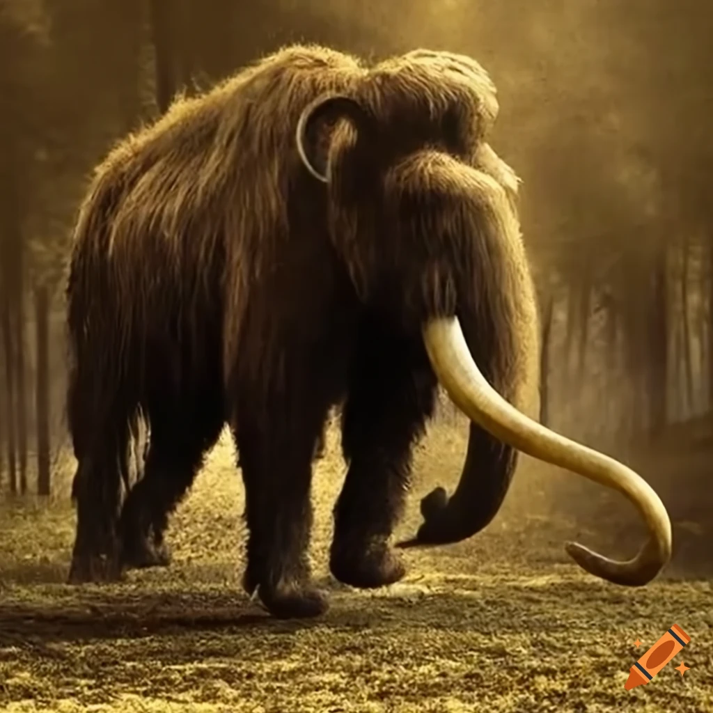 Vintage image of a wooly mammoth walking in an open field on Craiyon