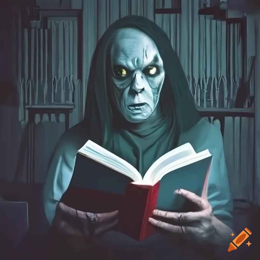 Man reading a scary book in a dimly lit room on Craiyon