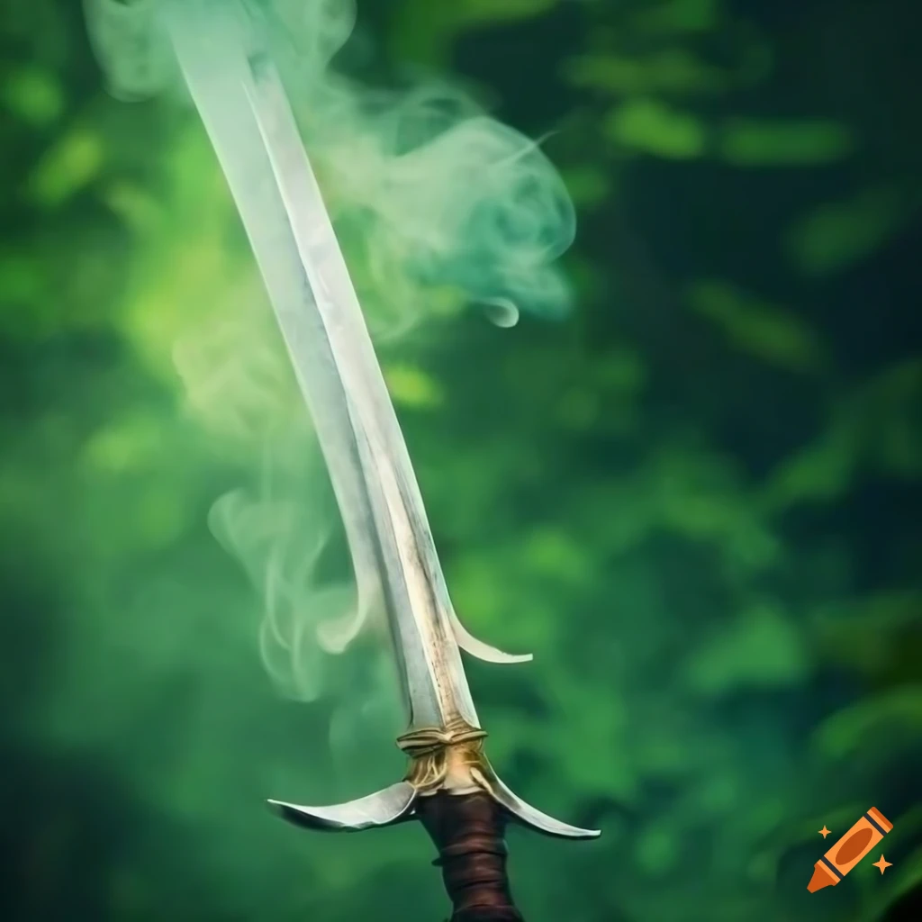 Smoke forming into a sword surrounded by green foliage on Craiyon