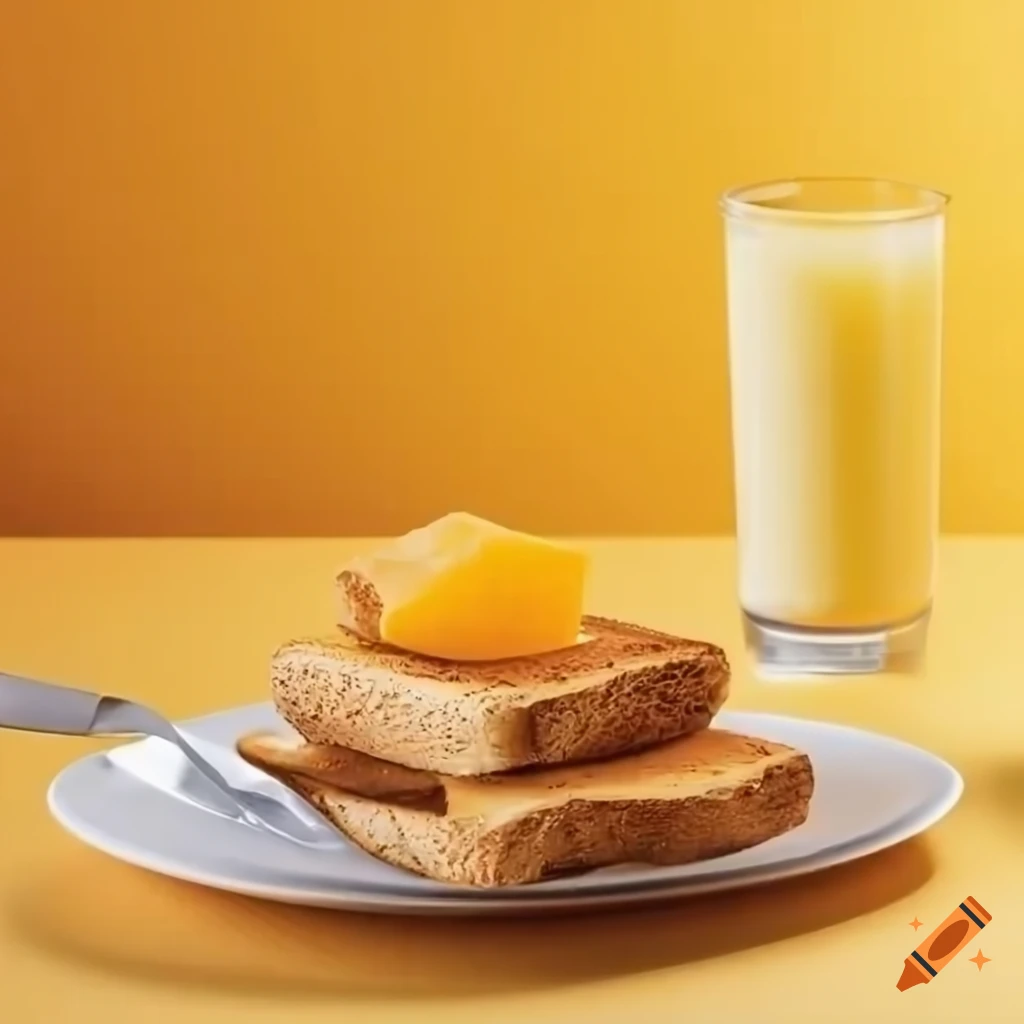 Golden toast with butter and glass of orange juice on Craiyon