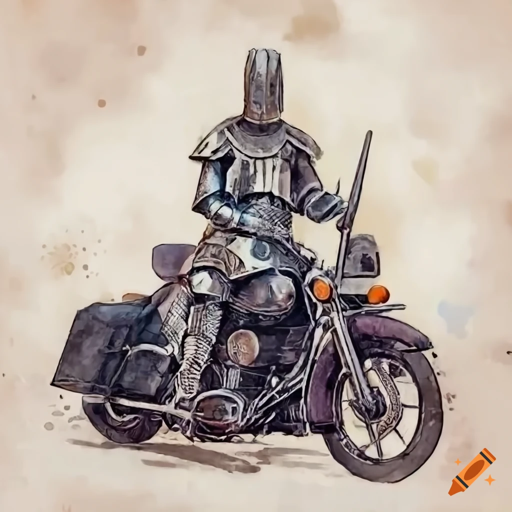 Knight riding a motorcycle in front of a castle on Craiyon