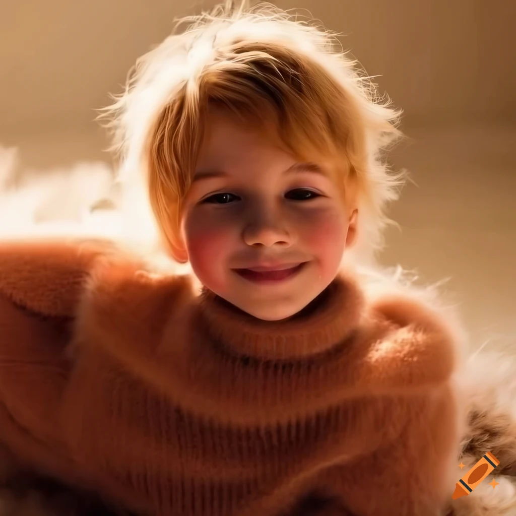 Blond boy wearing fuzzy mohair sweater lying on fur rug on Craiyon