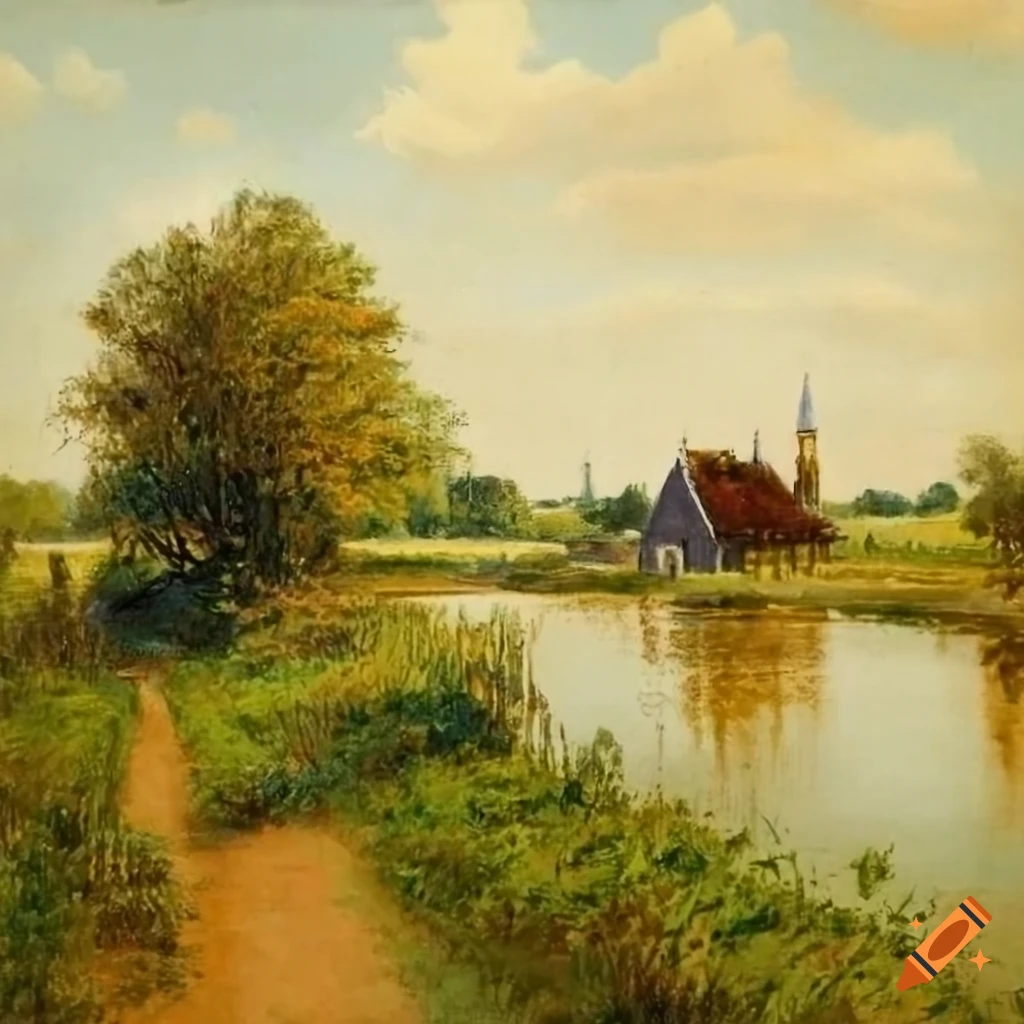 Vintage painting of a peaceful countryside in holland on Craiyon