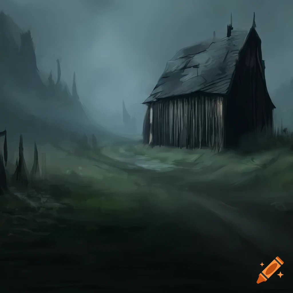 Medieval village at dusk with stone and wooden houses along a street on ...