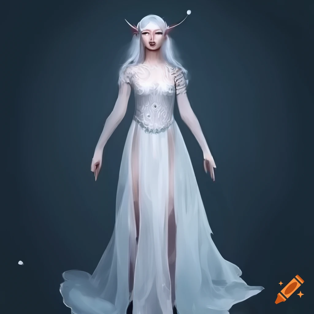 Art of a moon elf woman in a white medieval gown on Craiyon