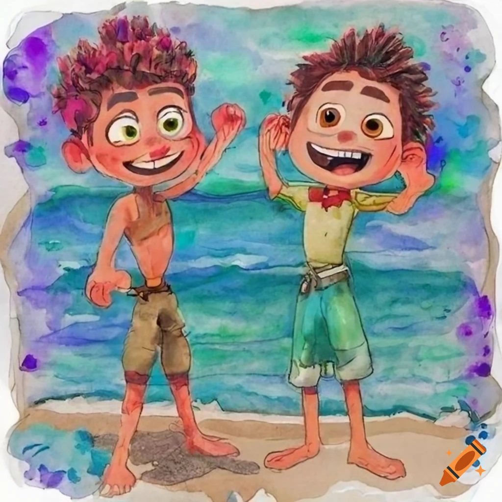 Watercolor illustration of characters from pixar's luca on the beach