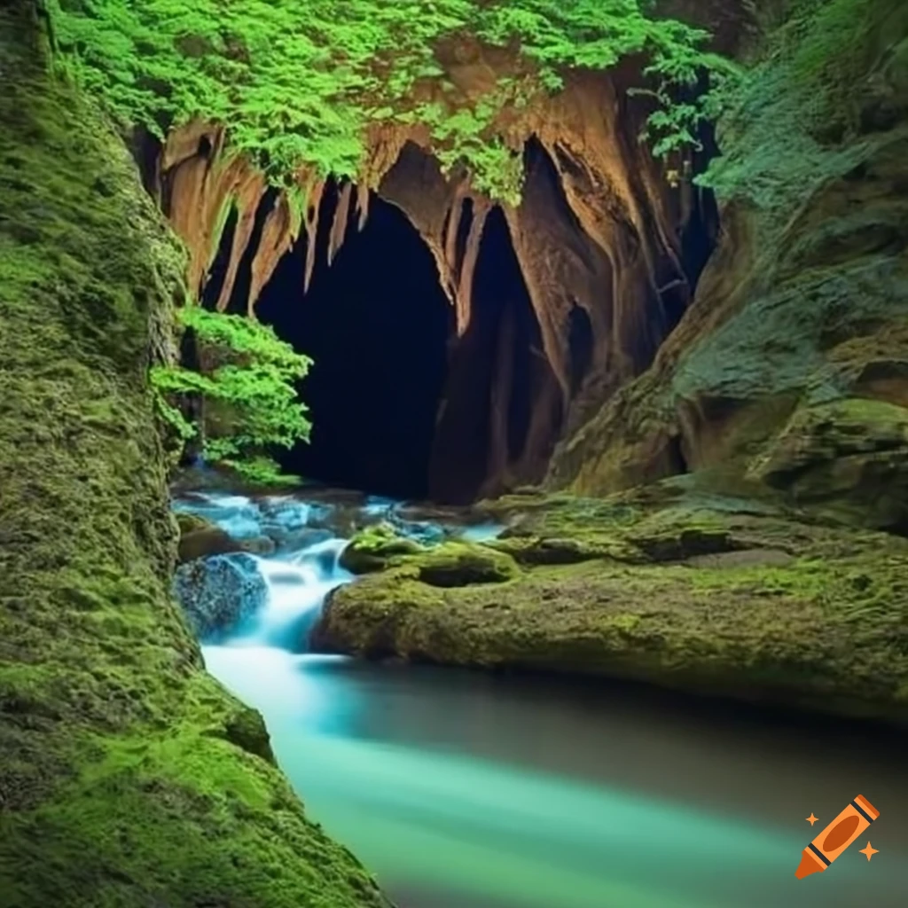 River flowing out of a mountain cave in the woods on Craiyon