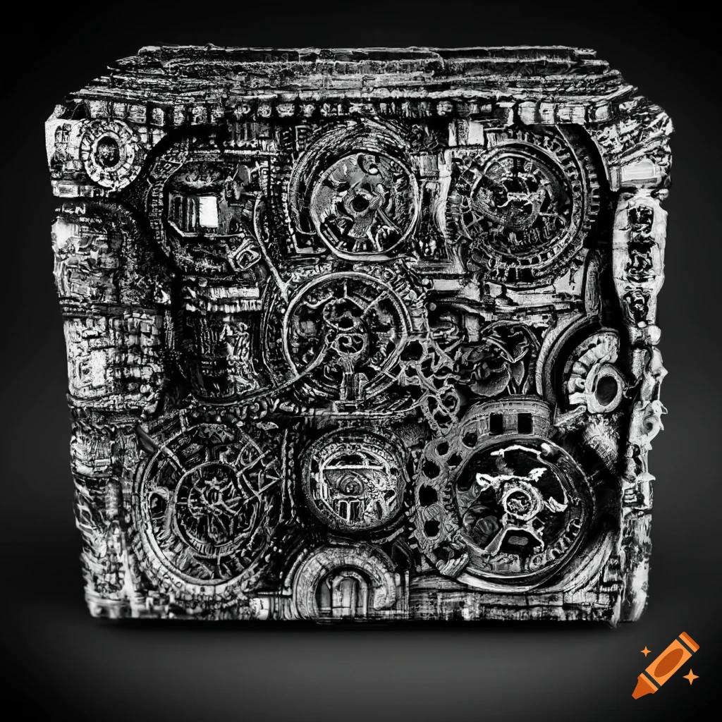 Engraving-style depth map of a detailed borg cube on Craiyon