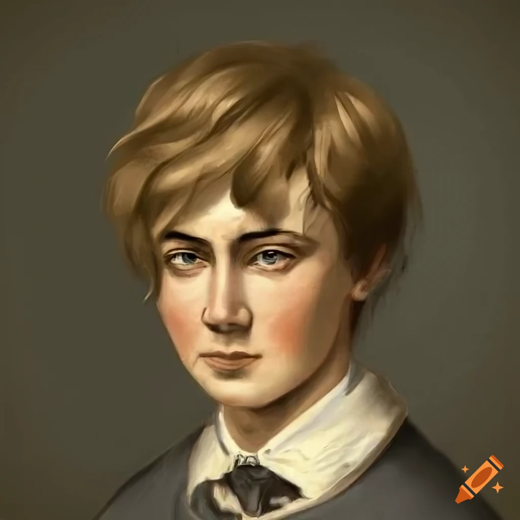Portrait of a young man with wavy light brown hair wearing vintage ...