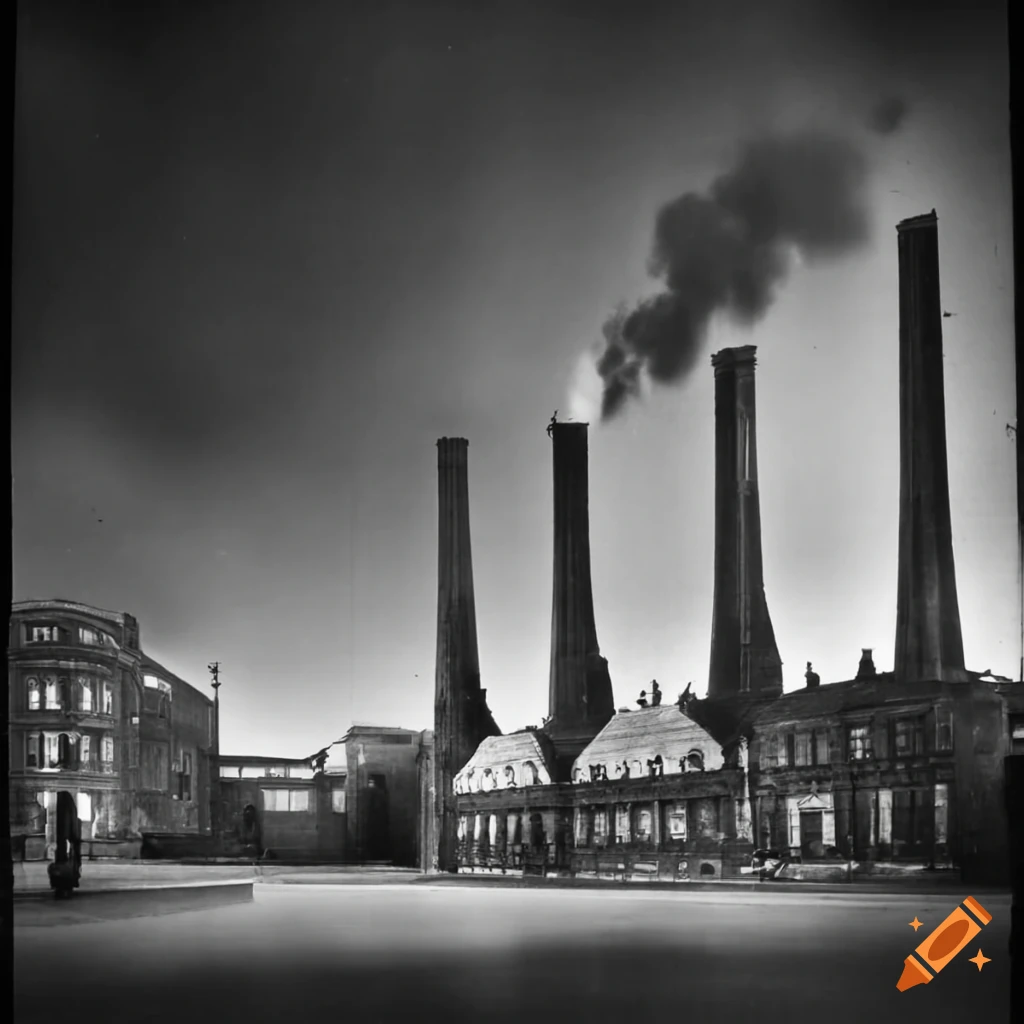 Black and white photo of a 1920's factory in a city on Craiyon