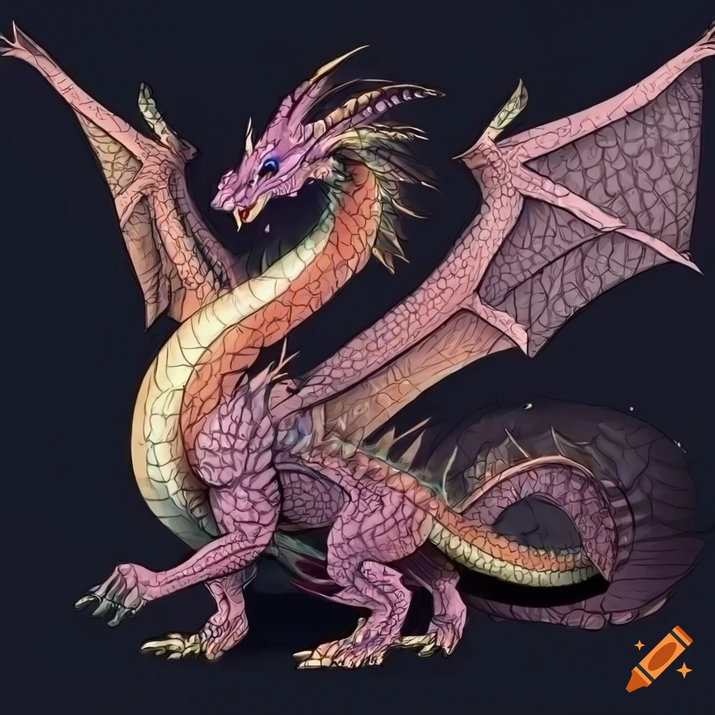 Side view illustration of a detailed dragon with wings and four legs on ...