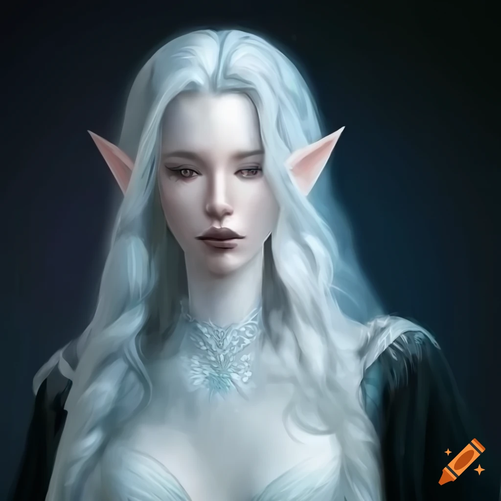 Art of a moon elf woman in white gown on Craiyon