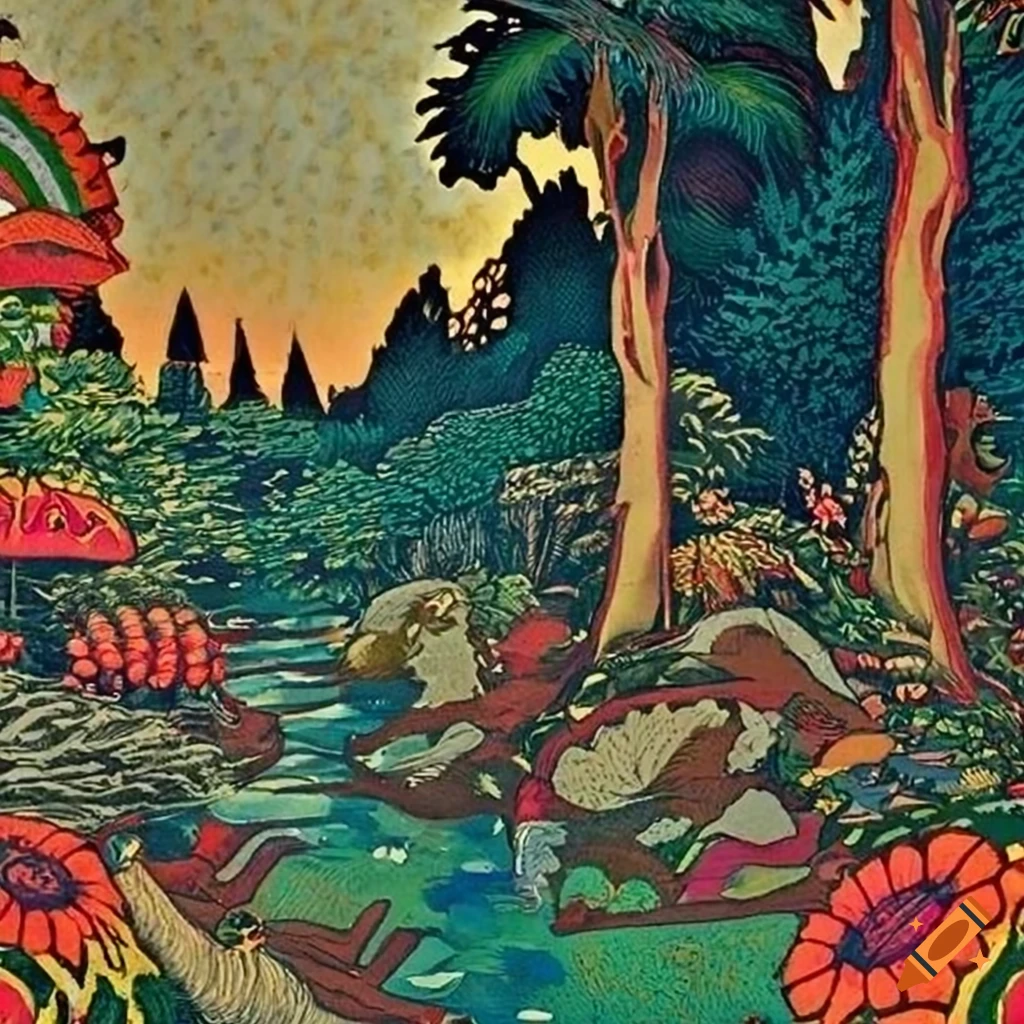 William stout serigraph of dusk in the garden of eden, depicting a ...