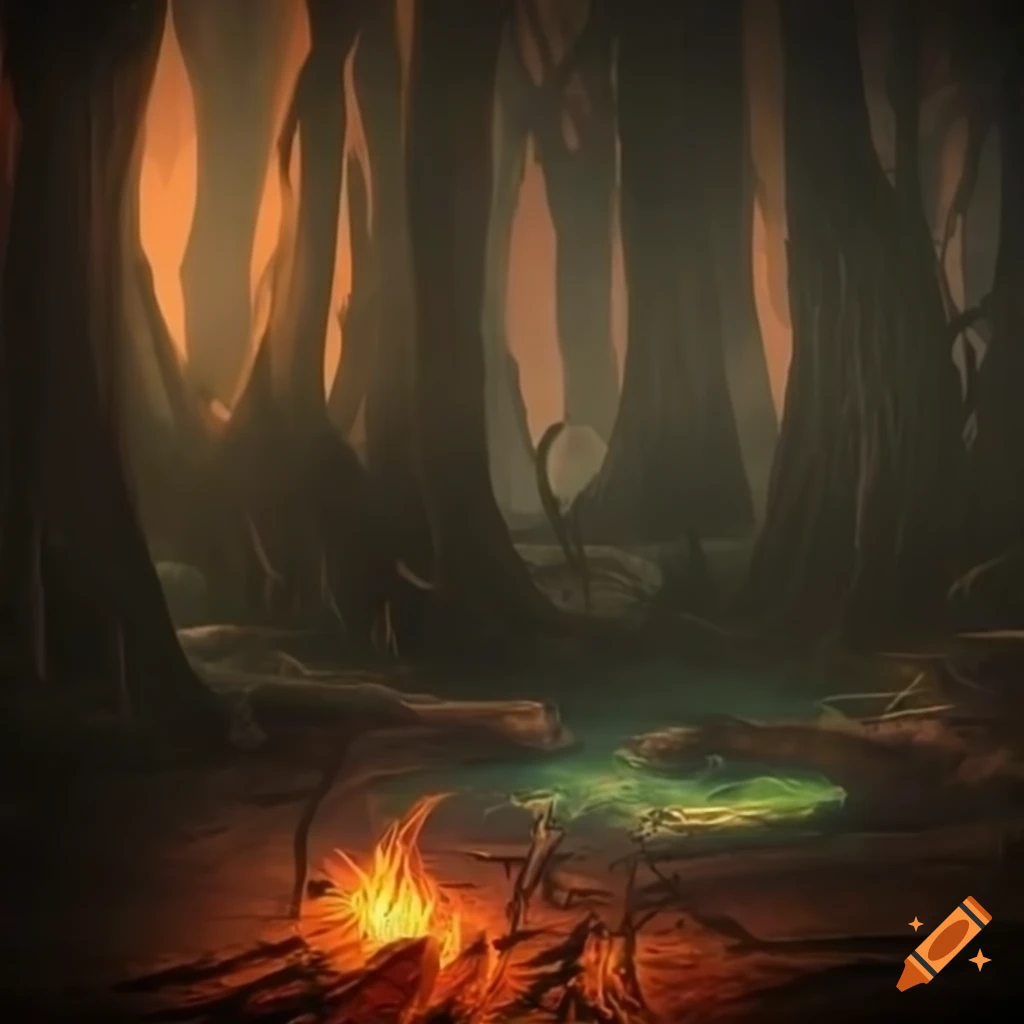 Image of a mysterious swamp surrounded by fire