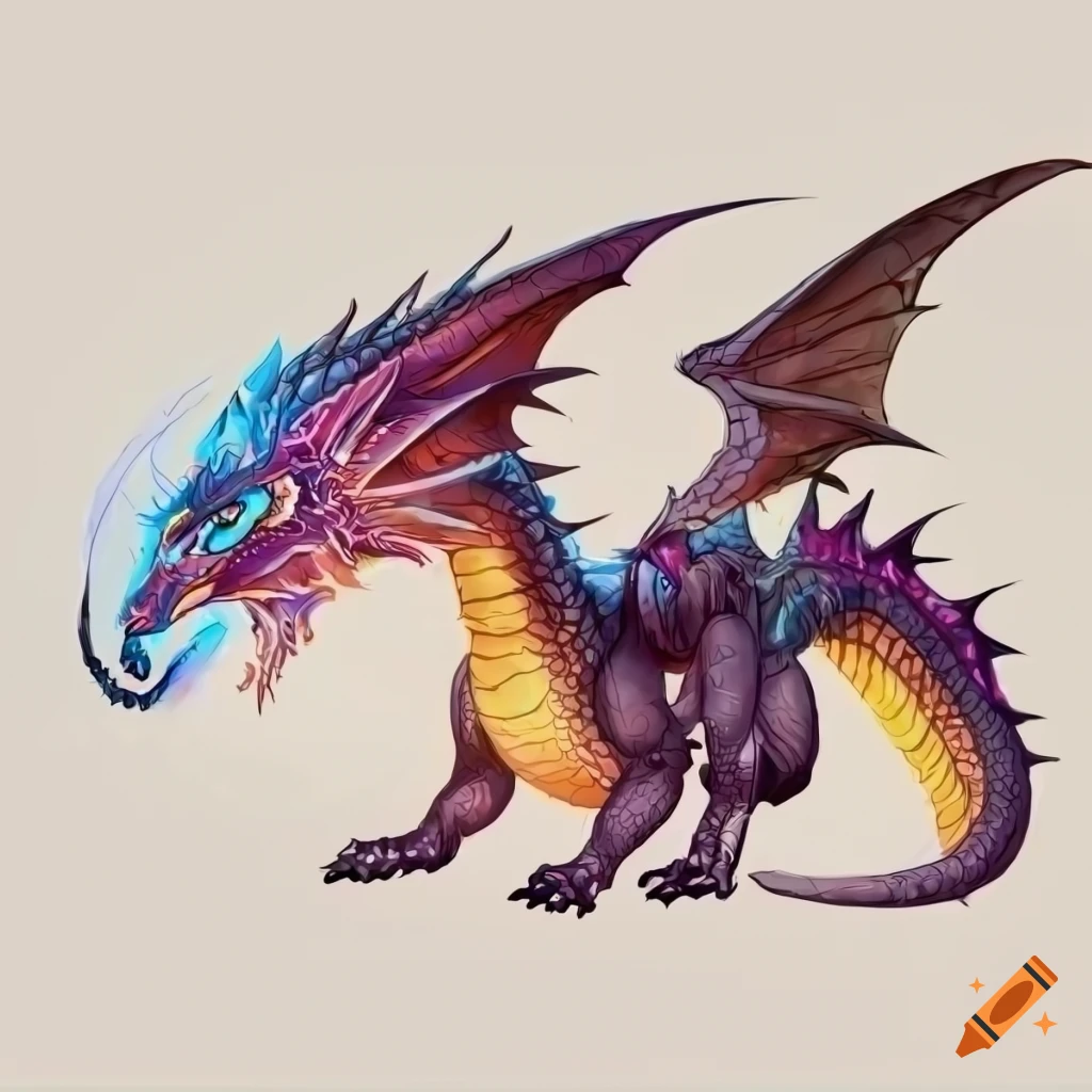 Dragon concept designs, side view, full body with mild colouring on Craiyon