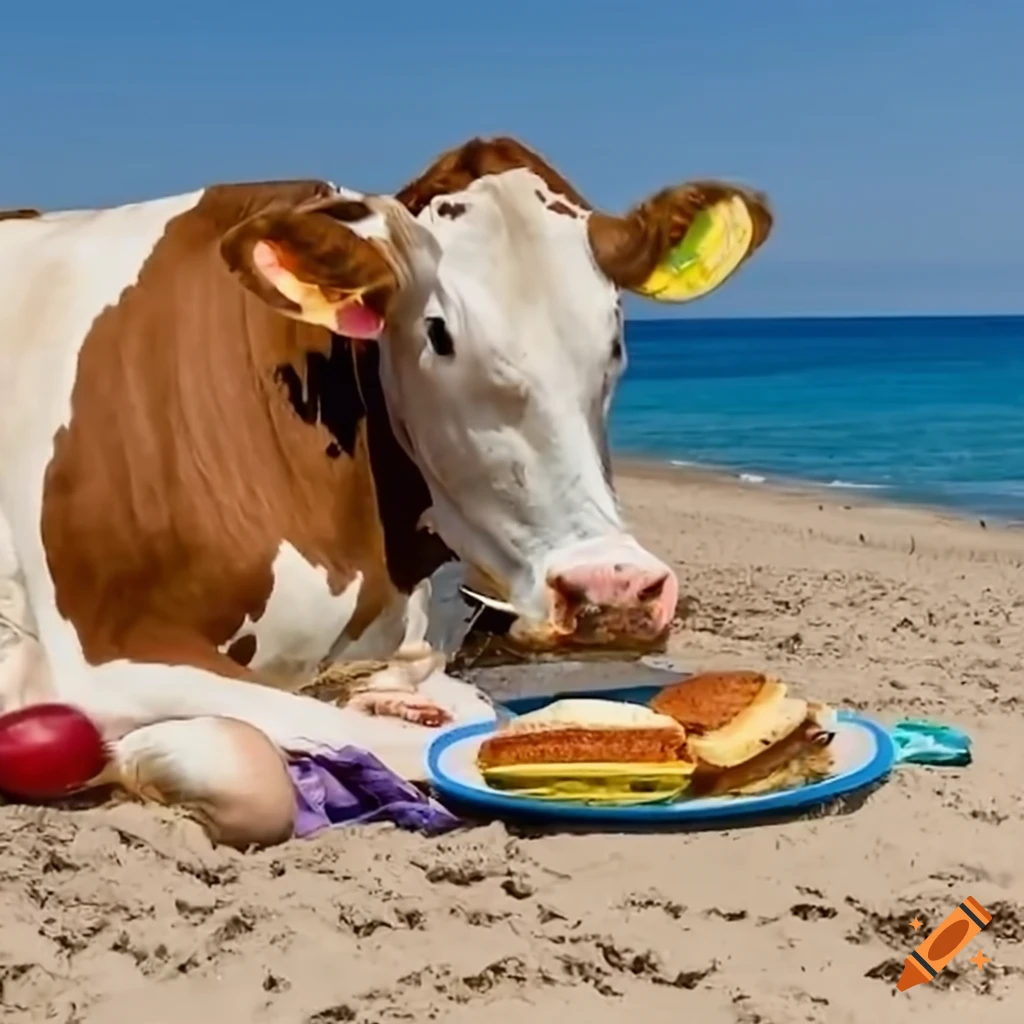 Funny image of a cow relaxing on the beach on Craiyon