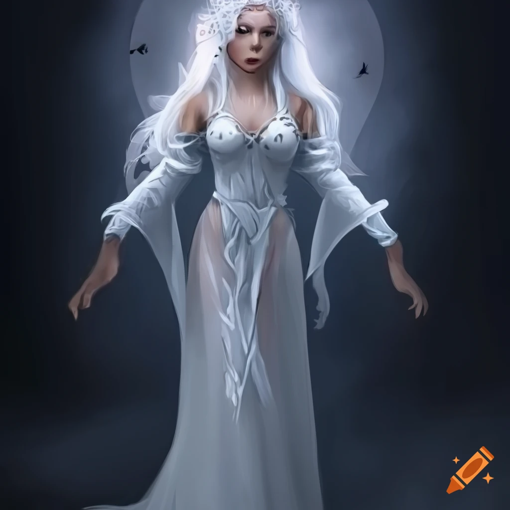 Artwork of a beautiful moon elf woman in white gown