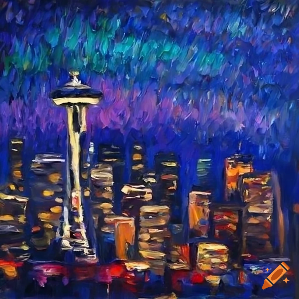 Night skyline of seattle painting