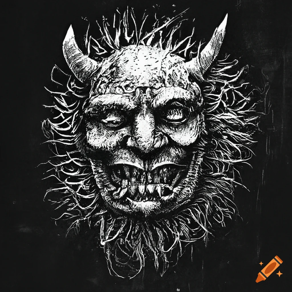 Black and white acid etching of a demon face in a medieval sun on Craiyon