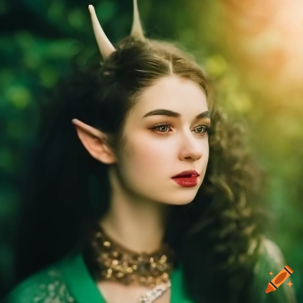 Portrait of a woman with curly dark hair and elf-like ears on Craiyon