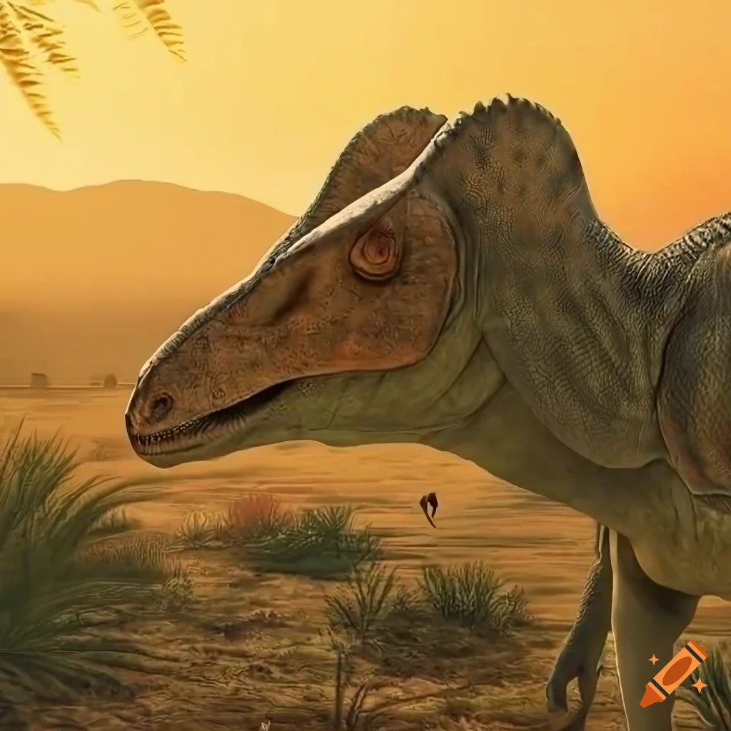 Colorful hadrosaurus dinosaur in warm morning light in a savannah-like environment on Craiyon