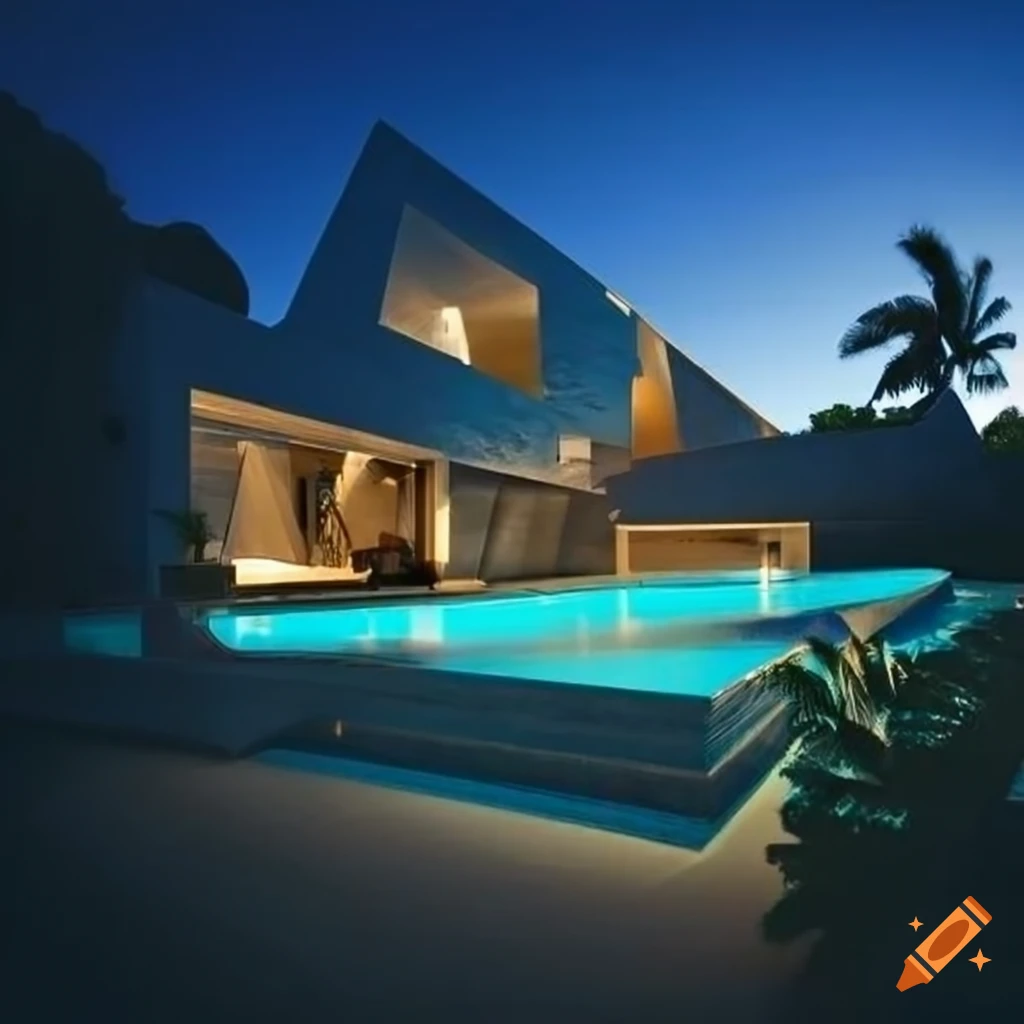 Modern beach villa with pool and lush lighting garden