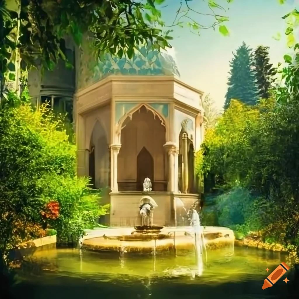 Islamic art inspired garden with a pond and gazebo on Craiyon