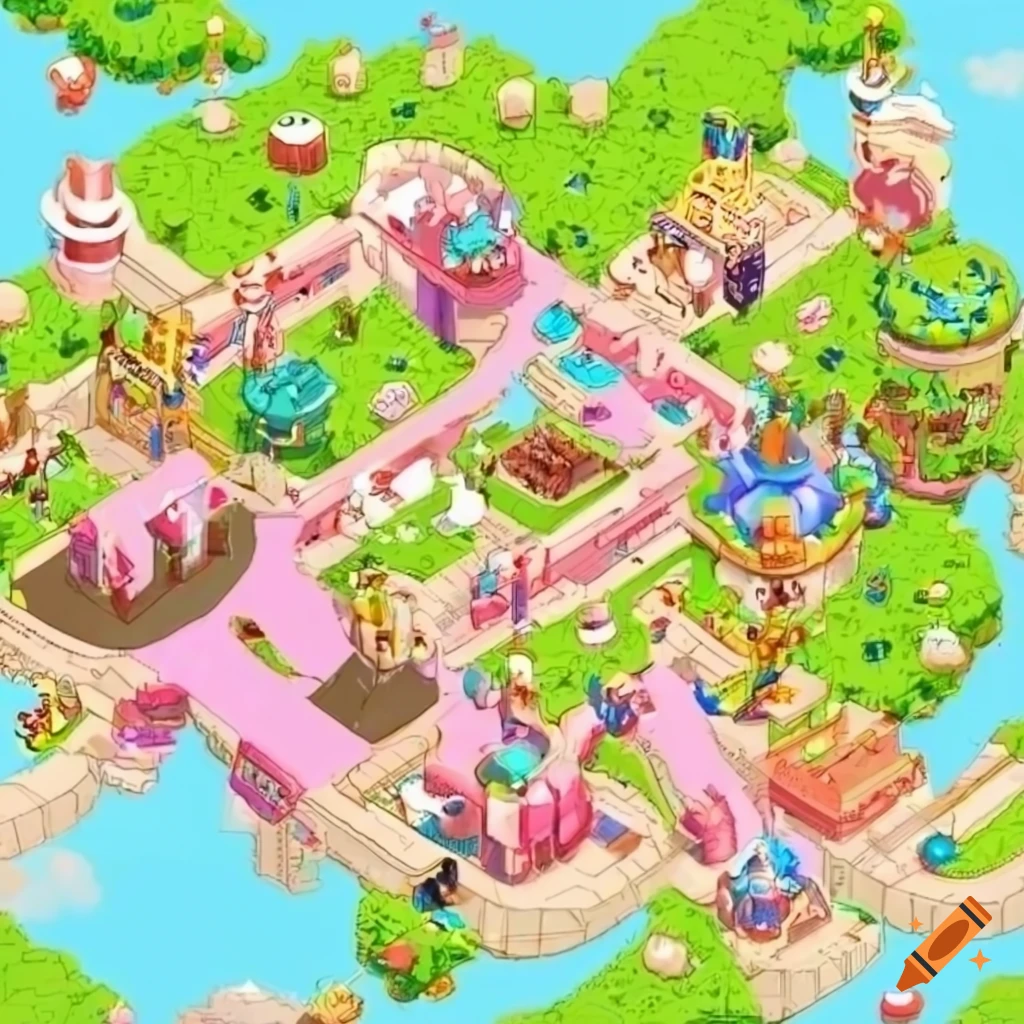 Isometric illustration of a candy land world map on Craiyon