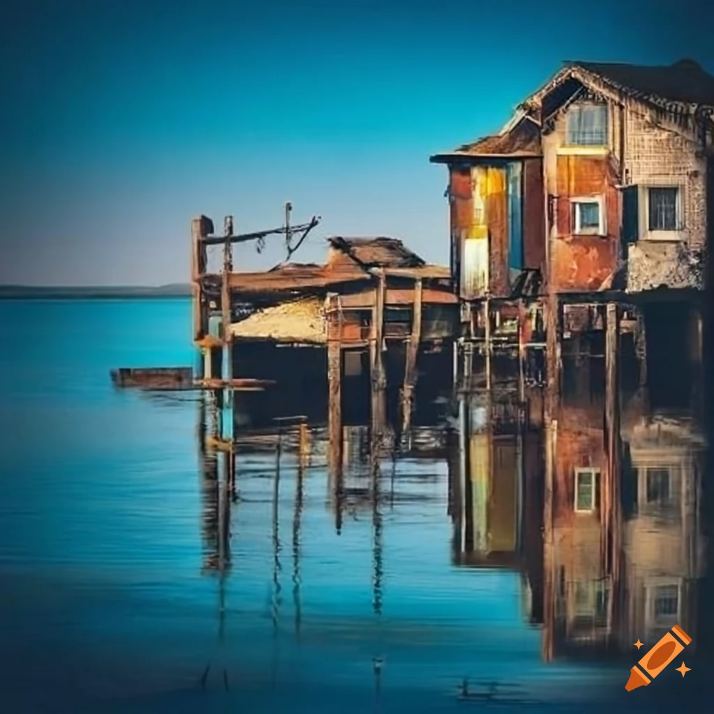 Vibrantly colored floating stilt town with celestial themes in high ...