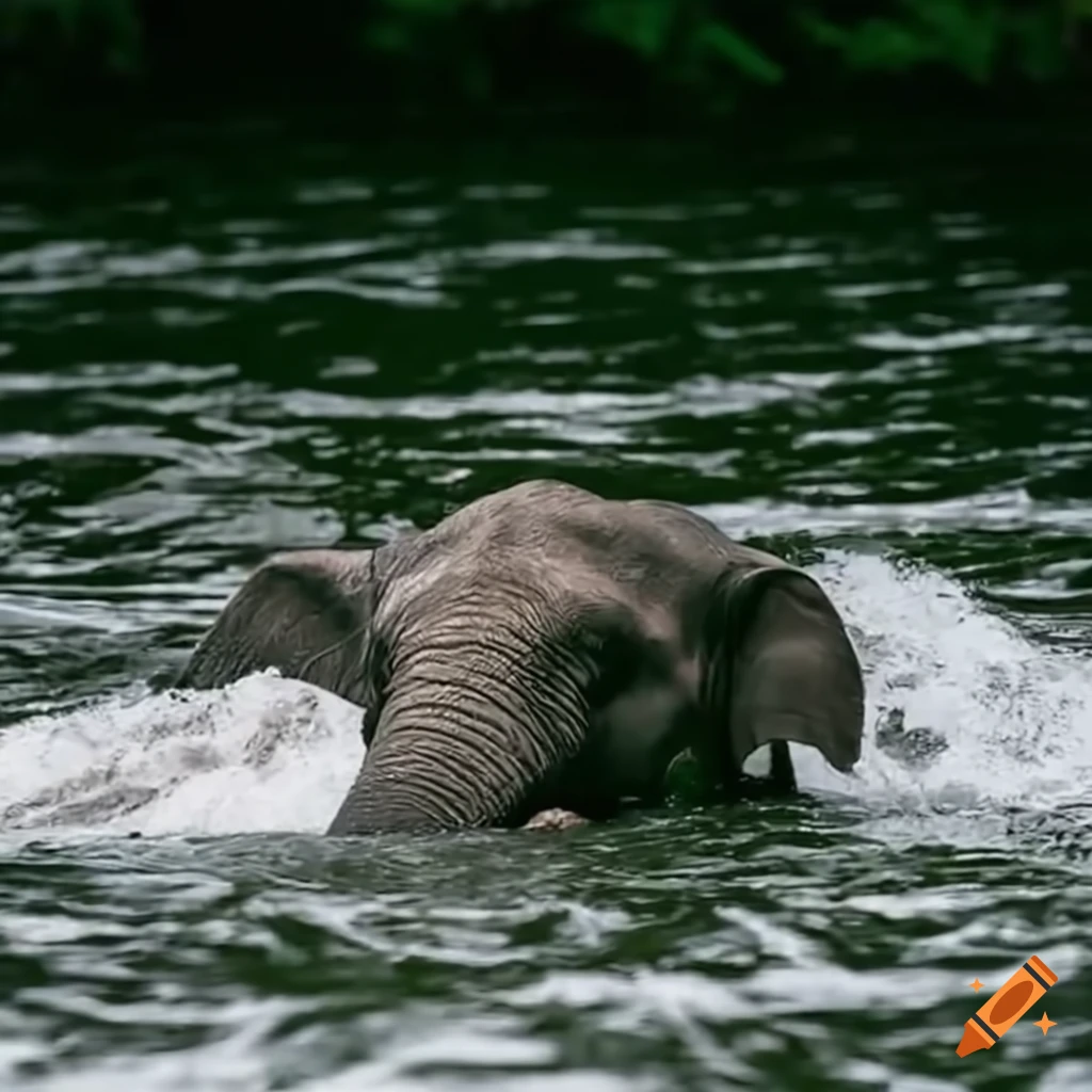 Elephant swimming gracefully in a river on Craiyon