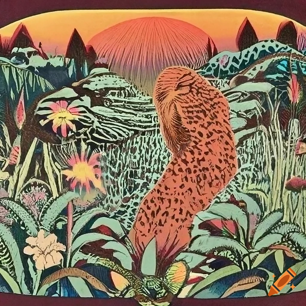 William Stout serigraph of a fantasy landscape on Craiyon