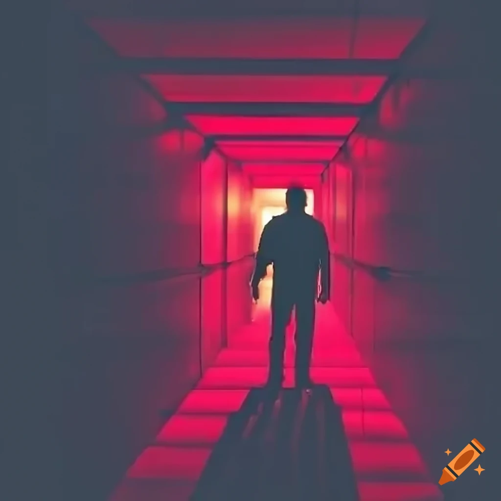 Eerie image of a shadowy figure in a red-lit hallway on Craiyon