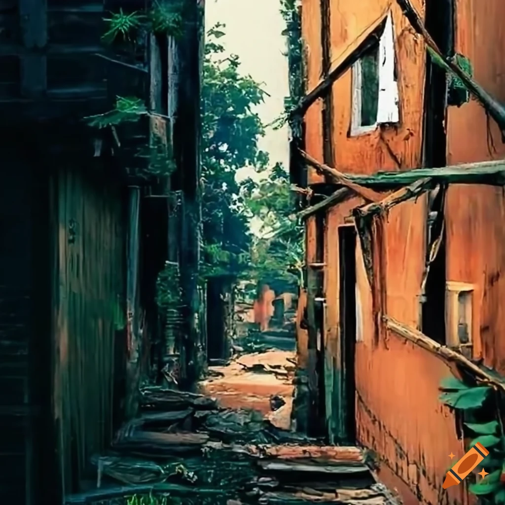 Photograph of rural slums with interconnected stairs on Craiyon