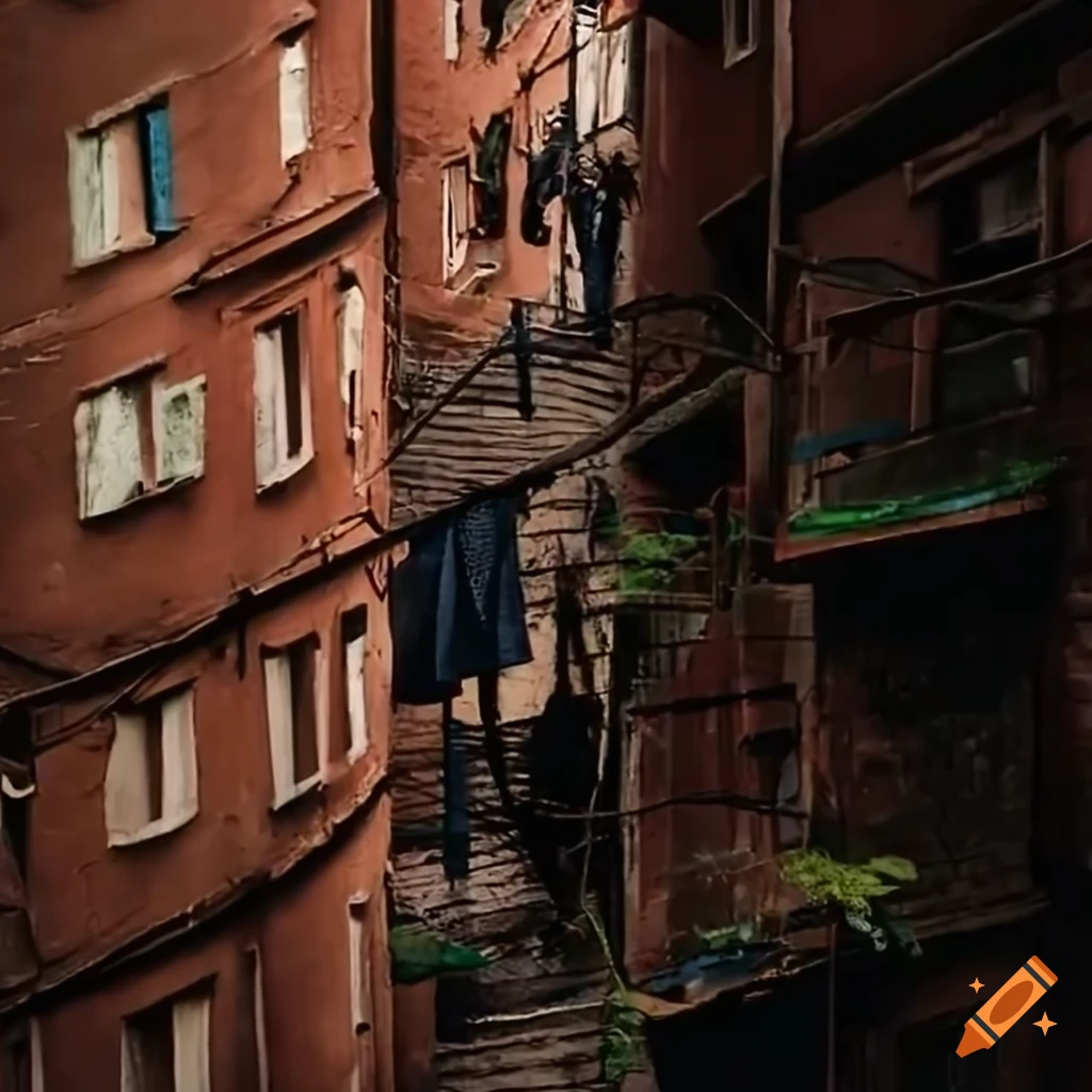 Photograph of slums rooftops and hanging clothes on Craiyon