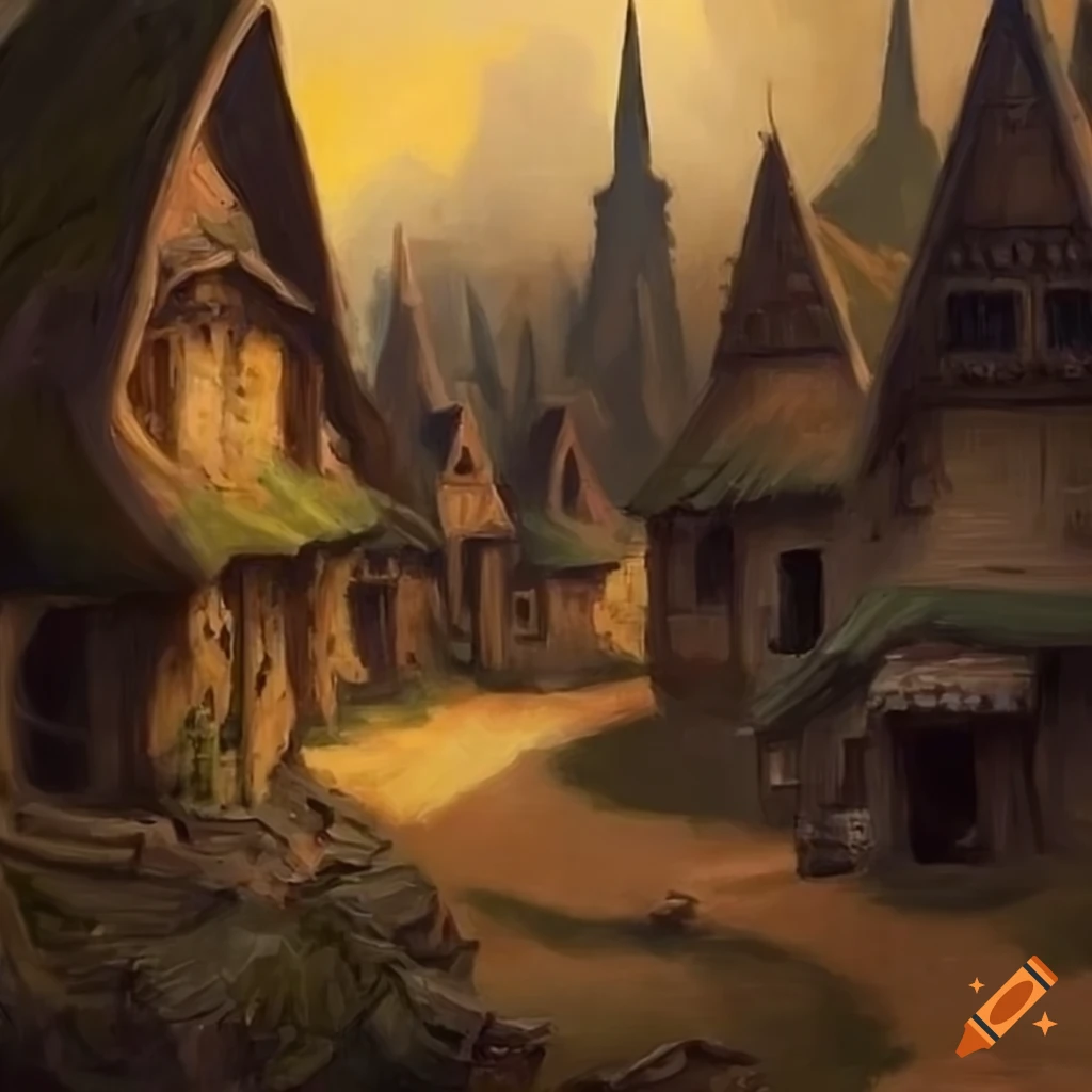 Fantasy oil painting of a goblin village on Craiyon
