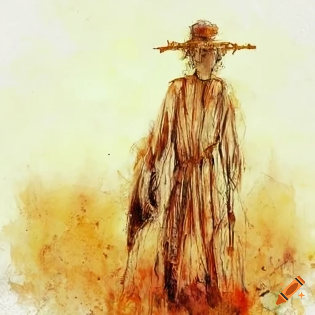 Sketch of crucified scarecrows in a barren field on Craiyon