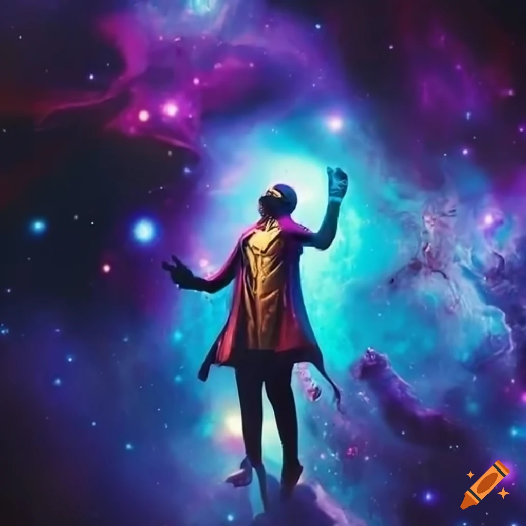 Artistic depiction of a masked male singer in a space nebula on Craiyon