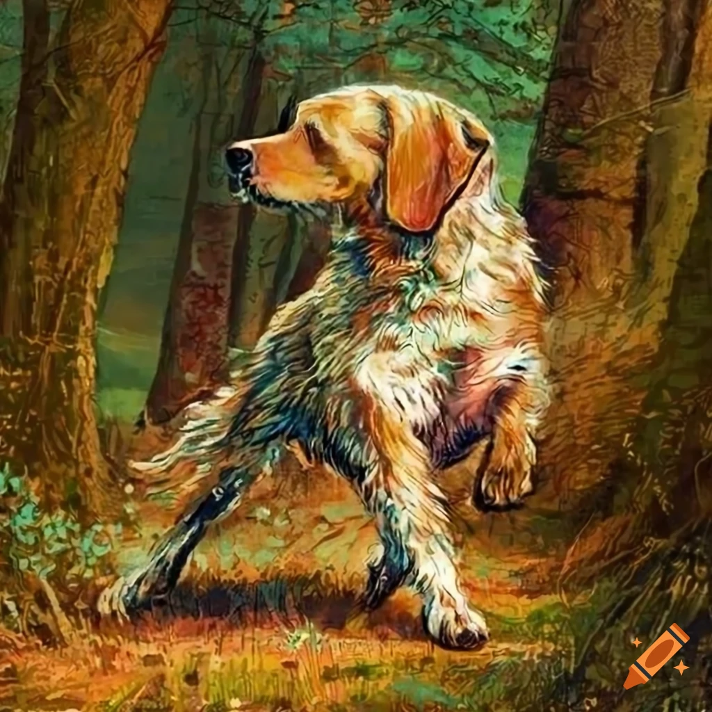 Vintage colored drawing of a dog running in the countryside on Craiyon