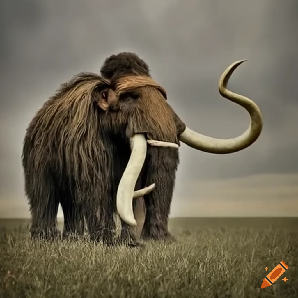 Image of a wooly mammoth in a field during world war 2